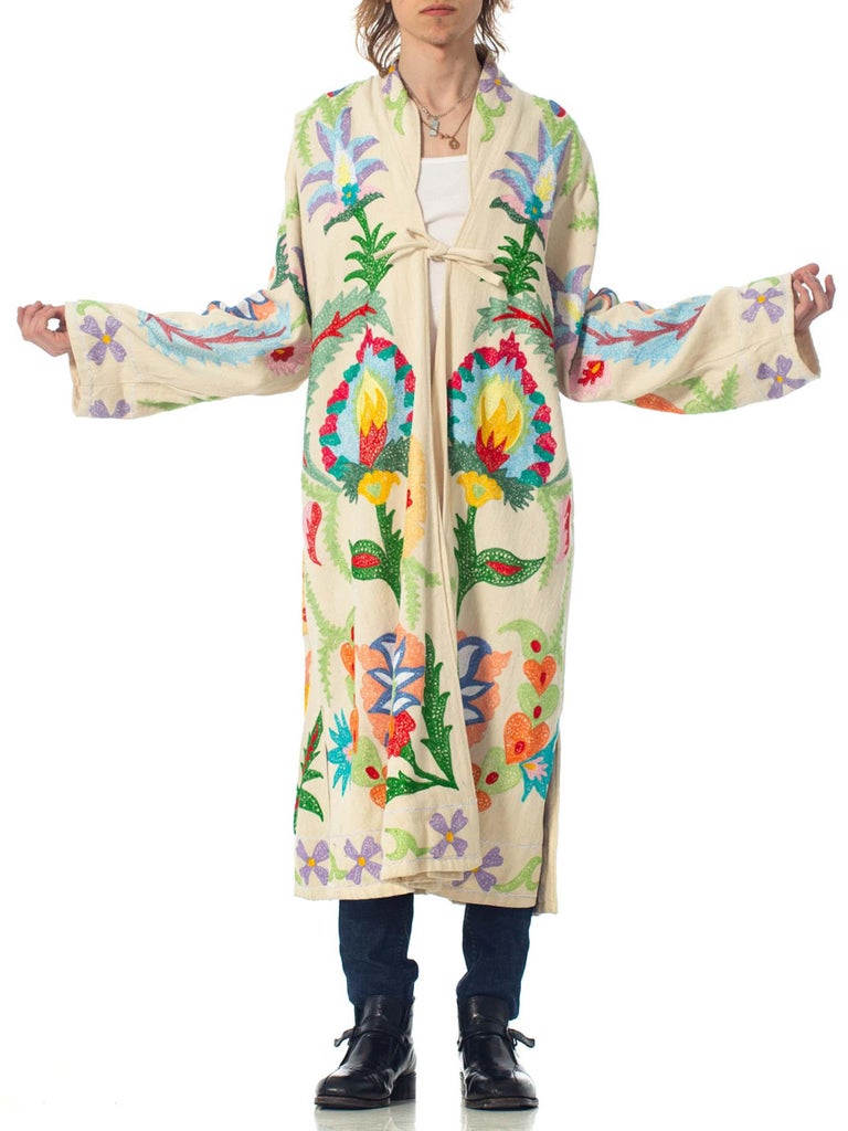 1970S Creme Embroidered Cotton Duster Coat at 1stDibs