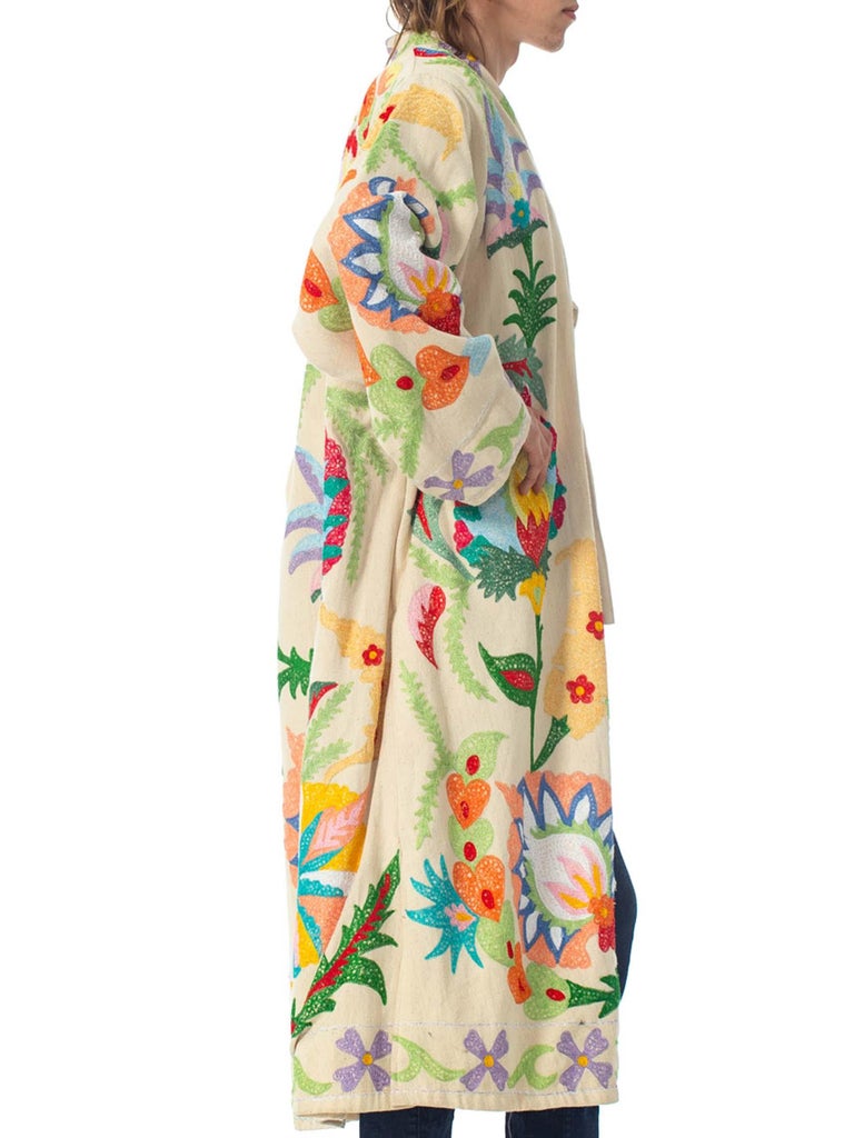1970S Creme Embroidered Cotton Duster Coat at 1stDibs