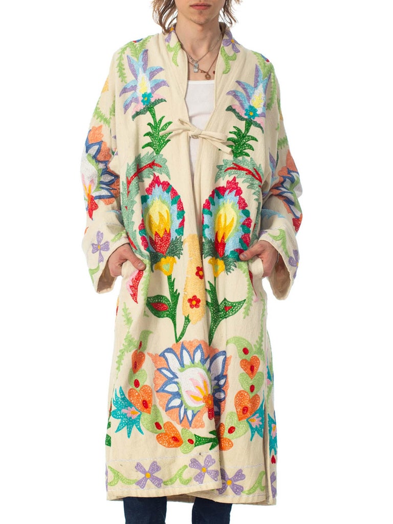 1970S Creme Embroidered Cotton Duster Coat at 1stDibs