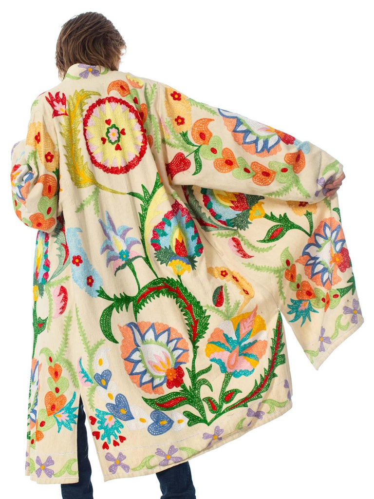 1970S Creme Embroidered Cotton Duster Coat at 1stDibs