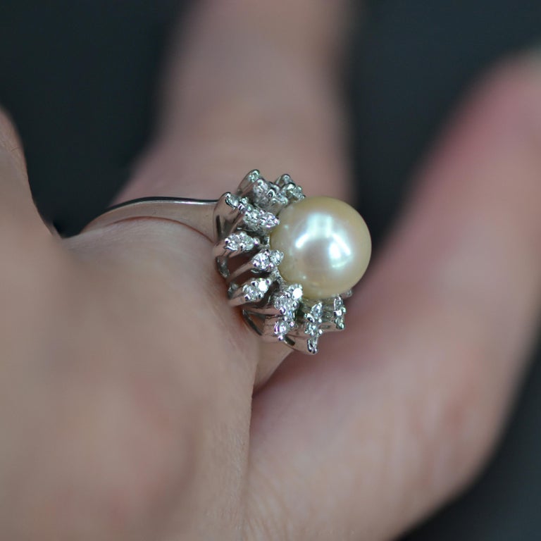 1970s, Cultured Pearl Diamonds 18 Karat White Gold Flake Ring For Sale ...