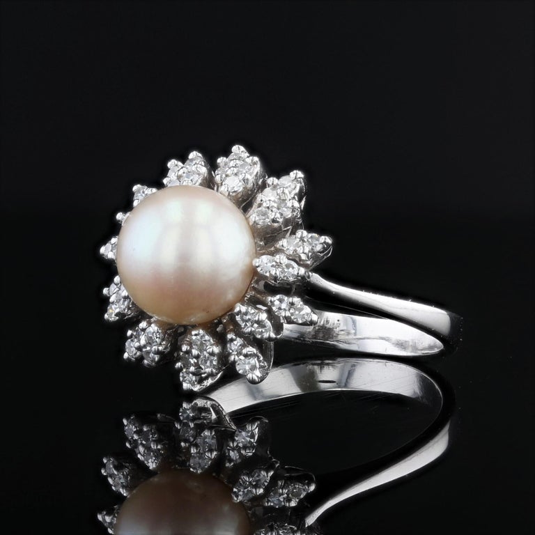 1970s, Cultured Pearl Diamonds 18 Karat White Gold Flake Ring For Sale ...