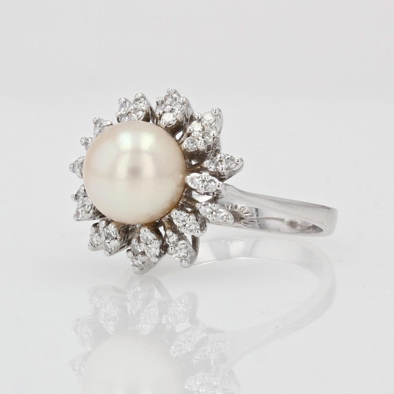 1970s, Cultured Pearl Diamonds 18 Karat White Gold Flake Ring For Sale ...