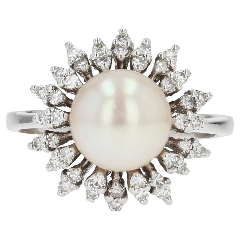 1970s, Cultured Pearl Diamonds 18 Karat White Gold Flake Ring For Sale ...