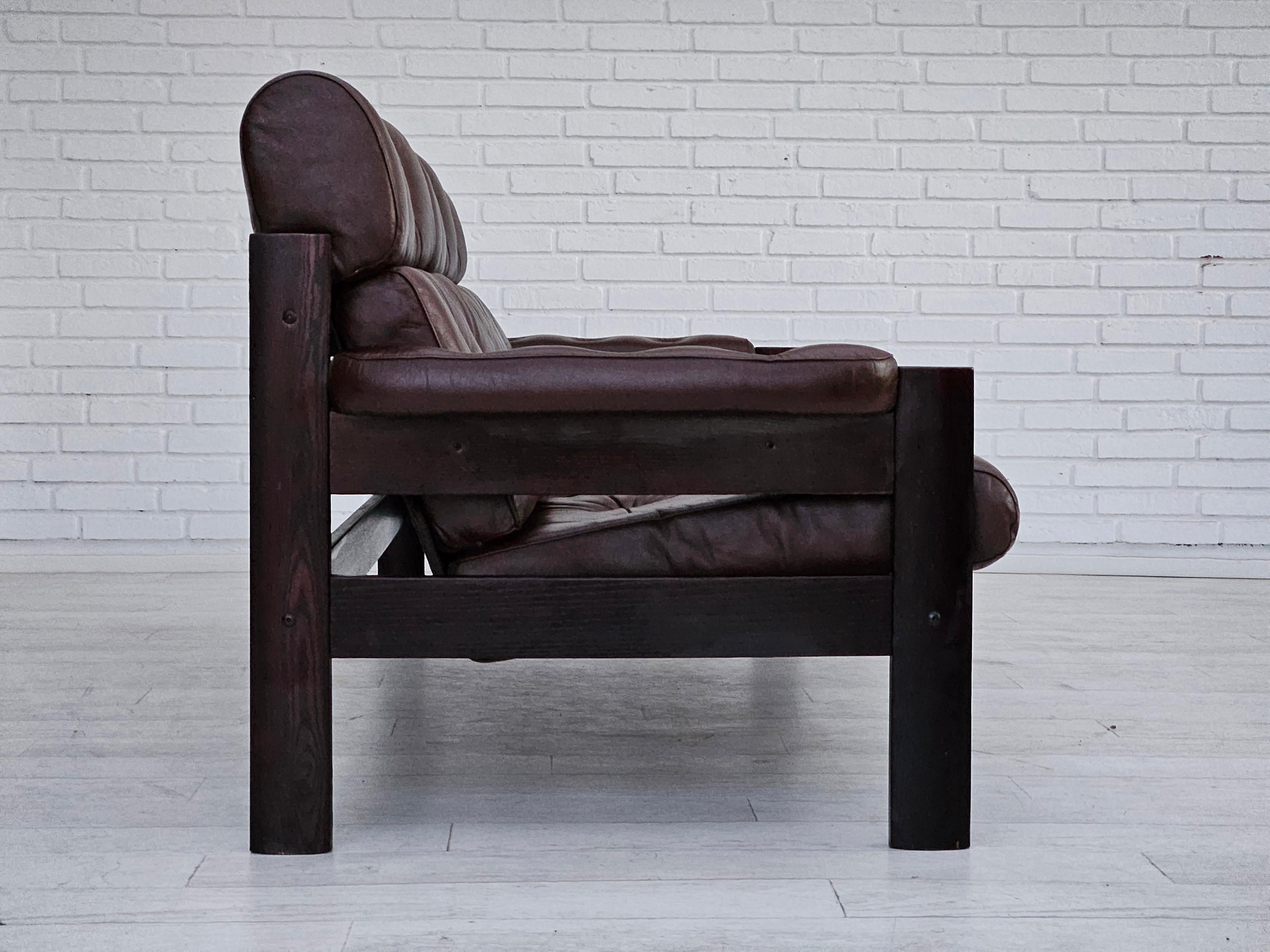 1970s, Danish 3 seater sofa, original good condition, leather, oak wood ...