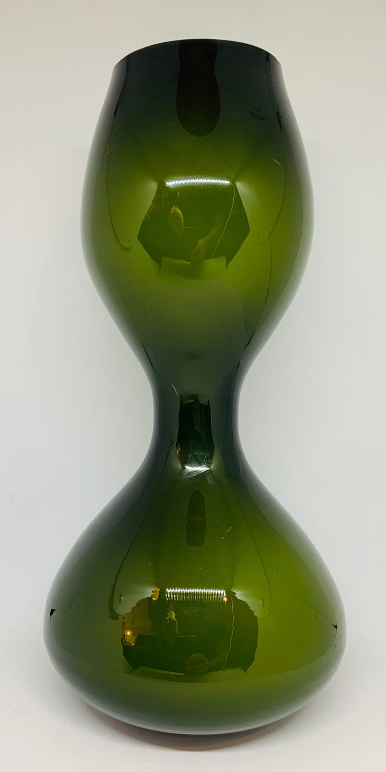 1970s Danish Hand Blown Holmegaard Encased Green Glass Hourglass Shaped