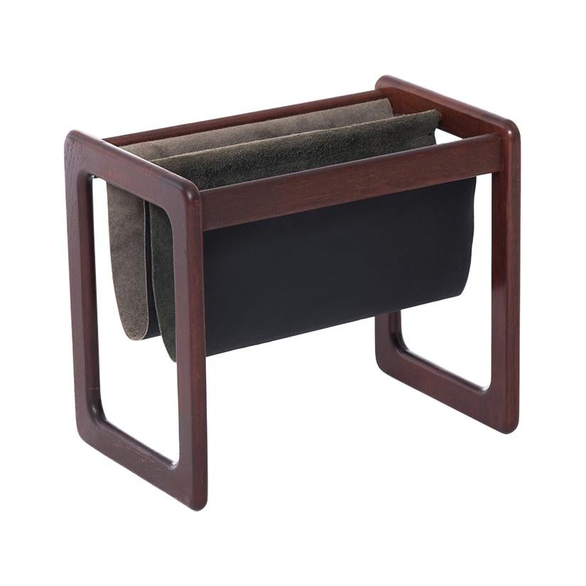 1970s Danish Modern Magazine Rack with Leather Sling at 1stDibs