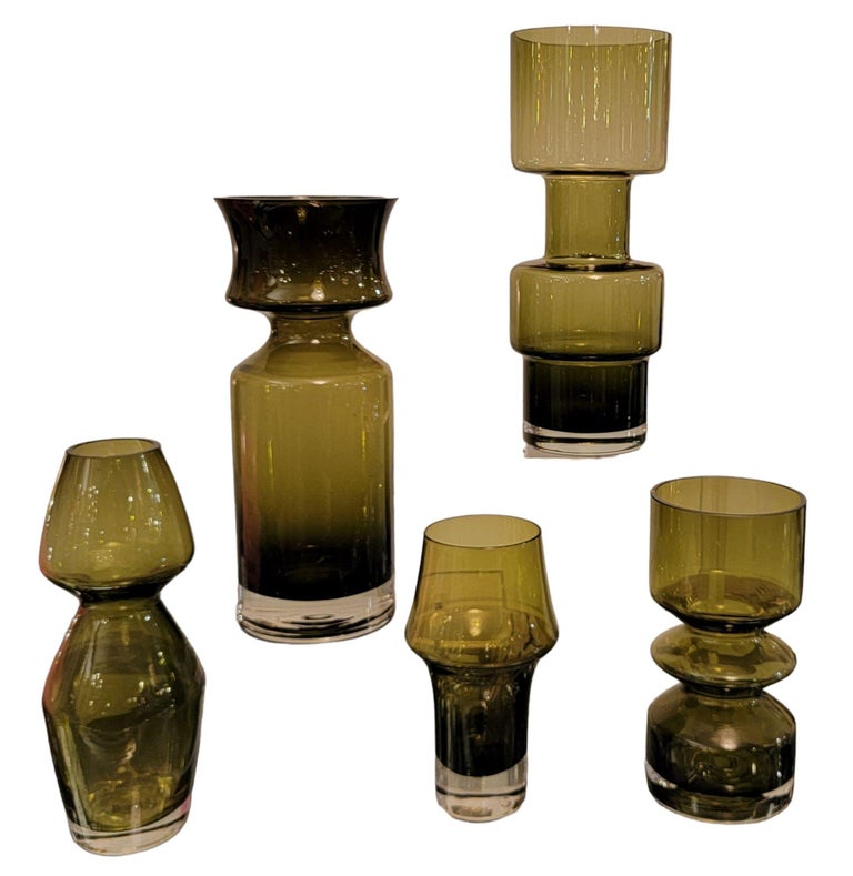 1970s Danish Tamara Aladin Olive Glass Vases, Set of 5 at 1stDibs