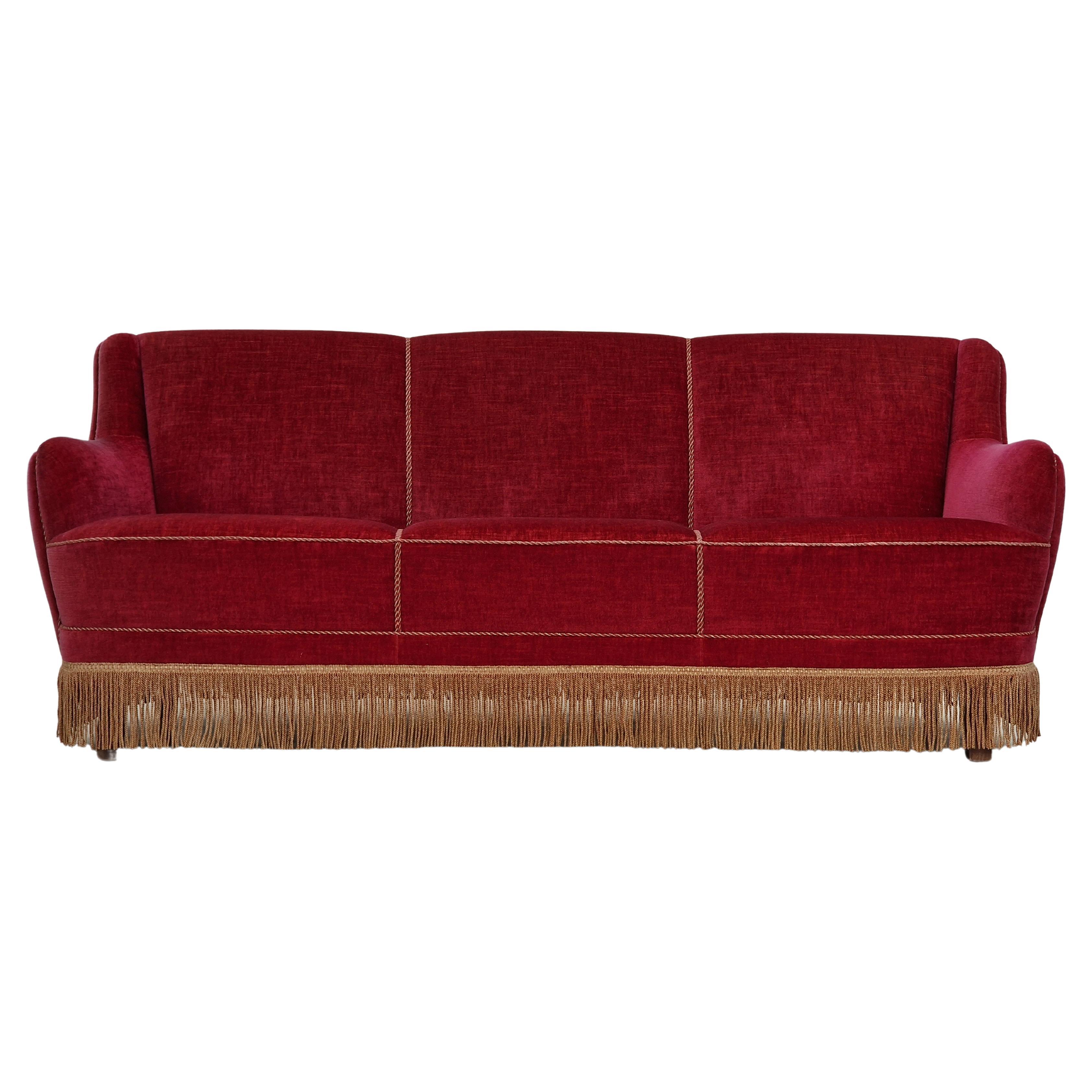 1970s, Danish vintage 2 seater "Banana" sofa, cherry-red velour. at 1stDibs