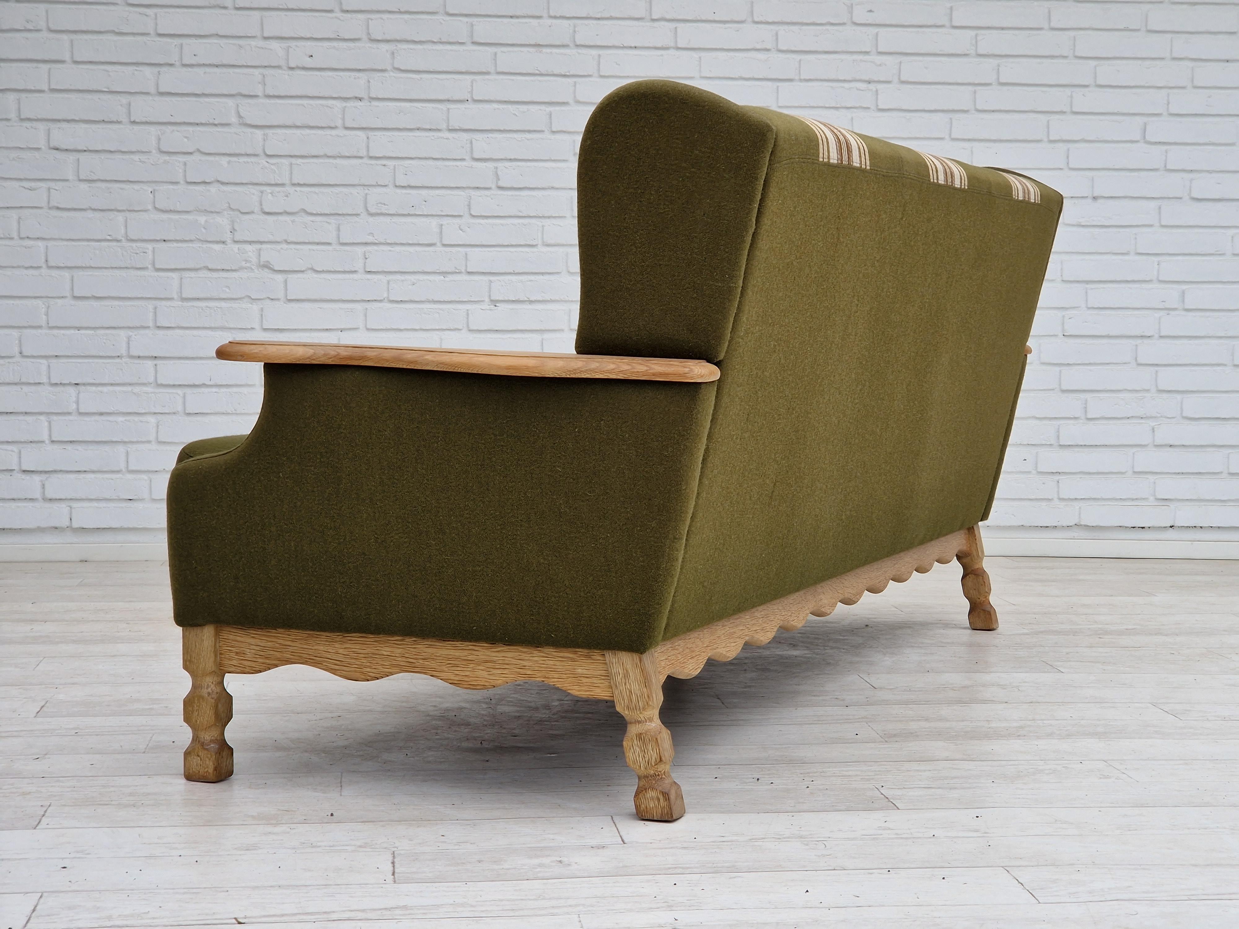 1970s, Danish vintage 3 seater, green fabric, oak wood, original ...