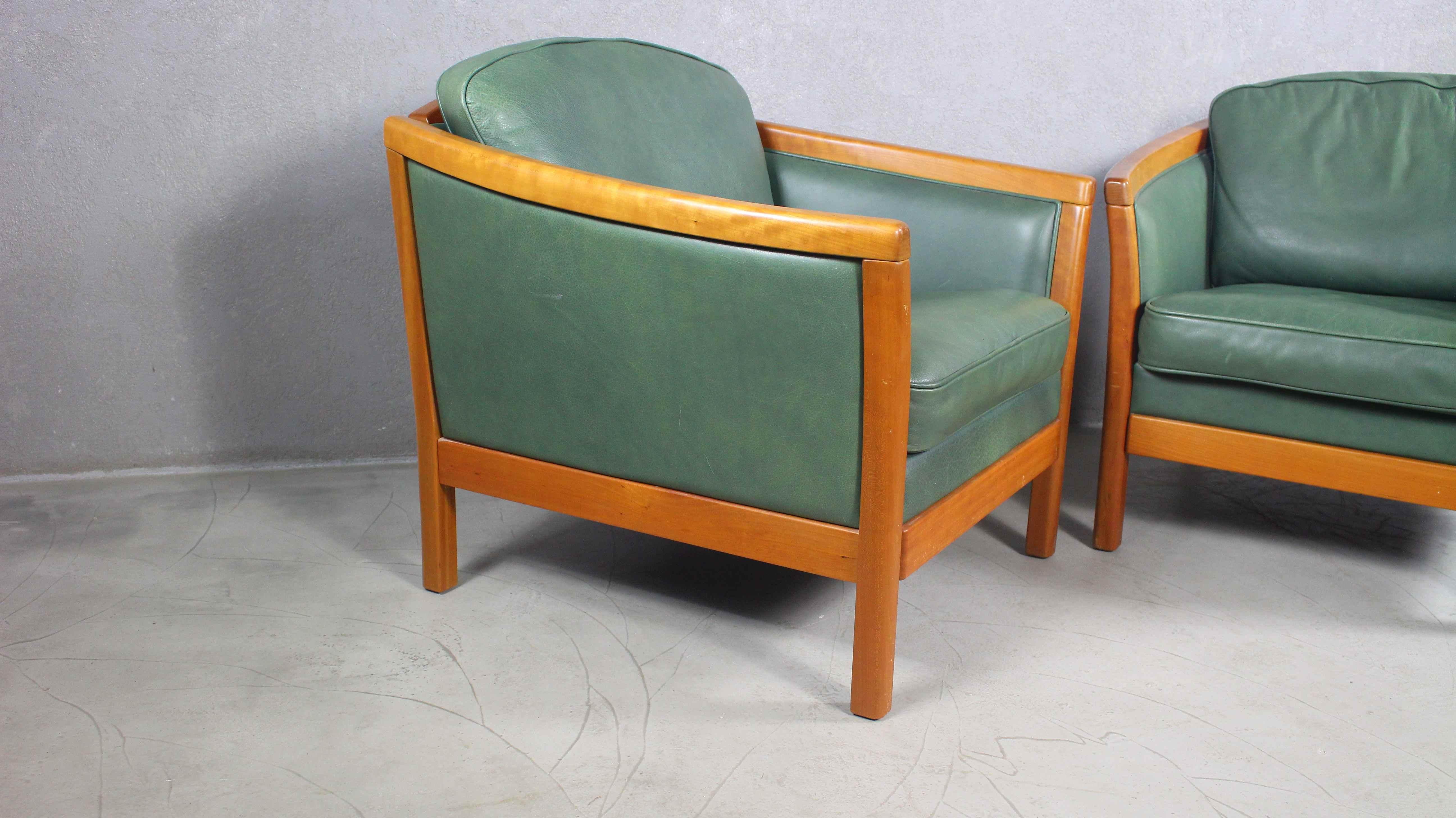 1970s Danish Vintage Green Leather Chairs Set of 2 For Sale at 1stDibs