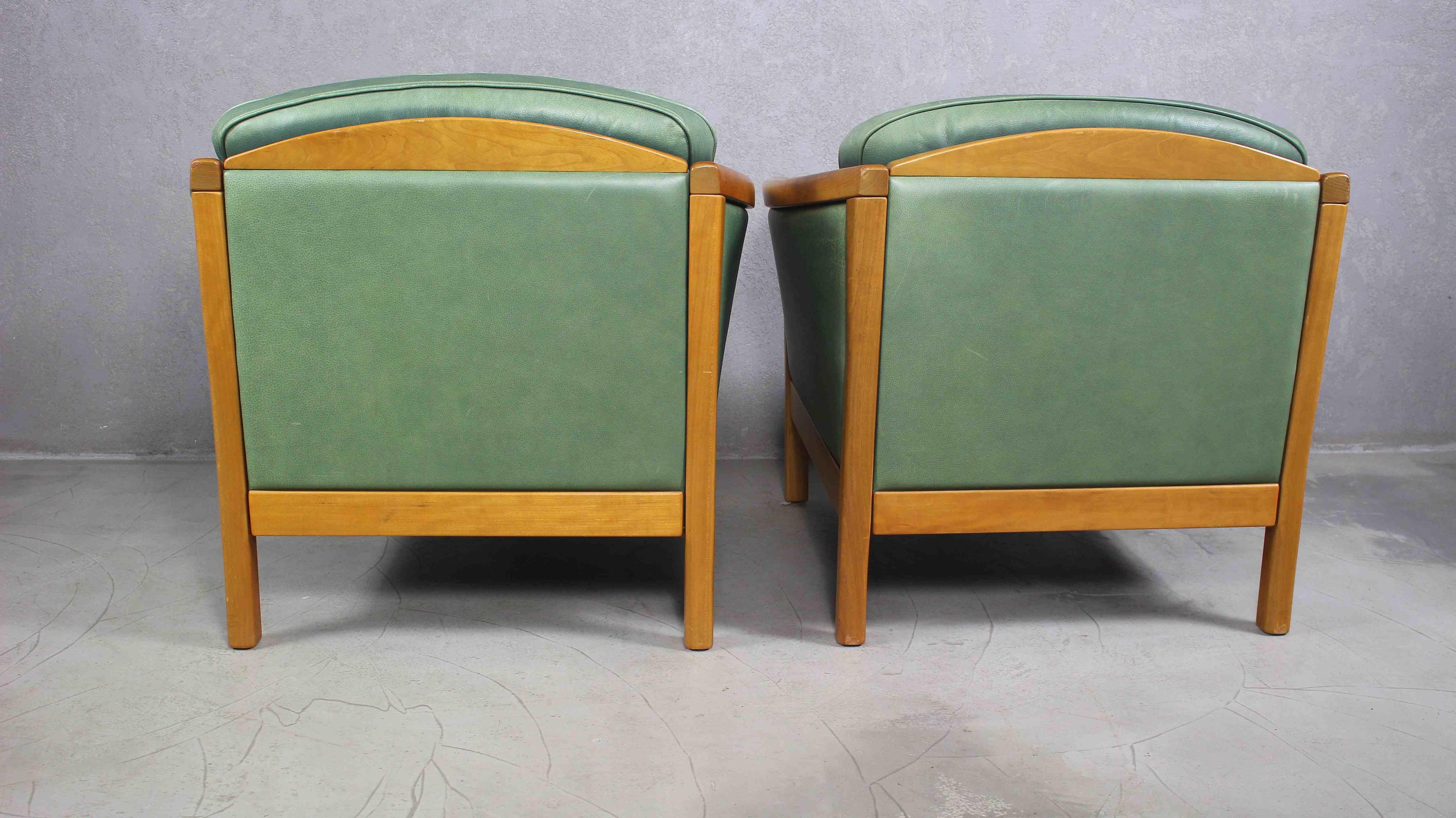 1970s Danish Vintage Green Leather Chairs Set of 2 For Sale at 1stDibs