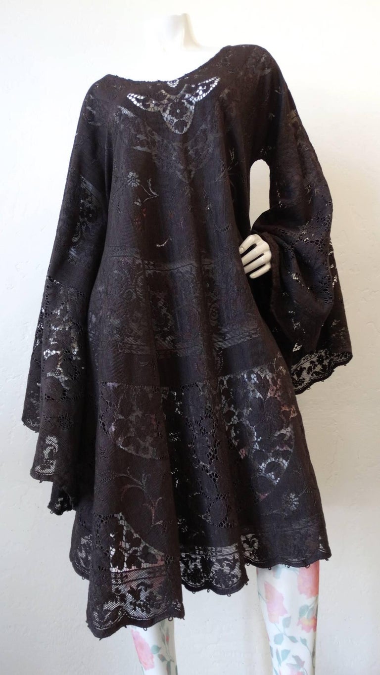 1970s Dark Grey Lace Angel Wing Dress at 1stDibs