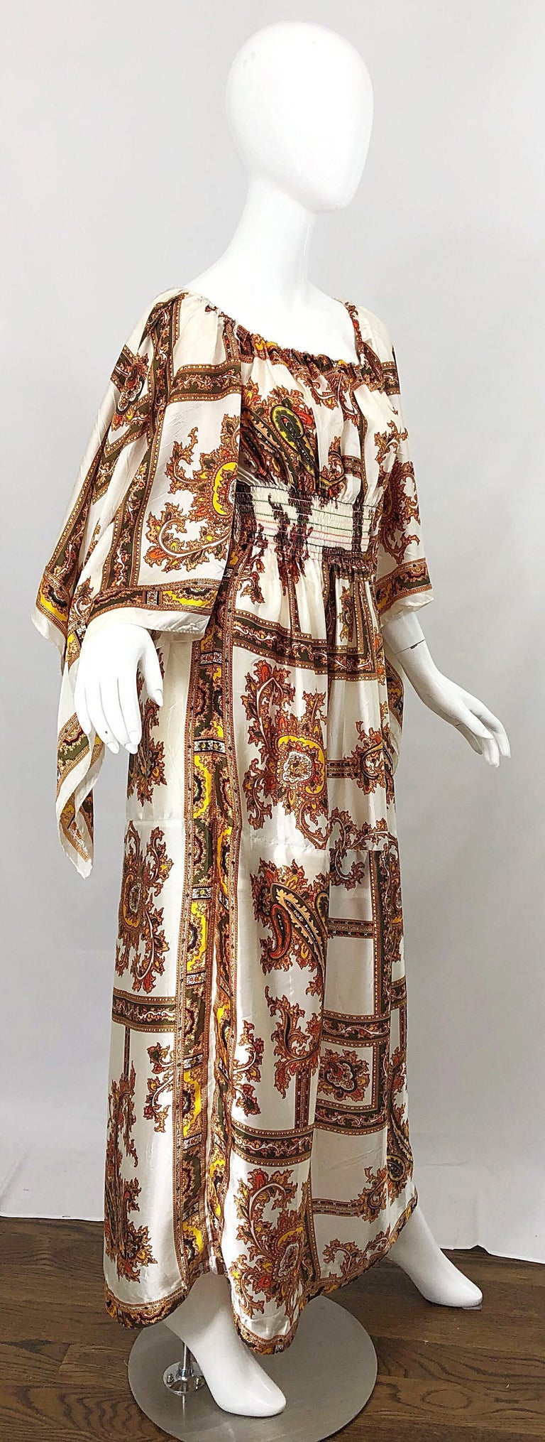 1970s David Edden Off Shoulder Boho Paisley Print Handkerchief Sleeve ...