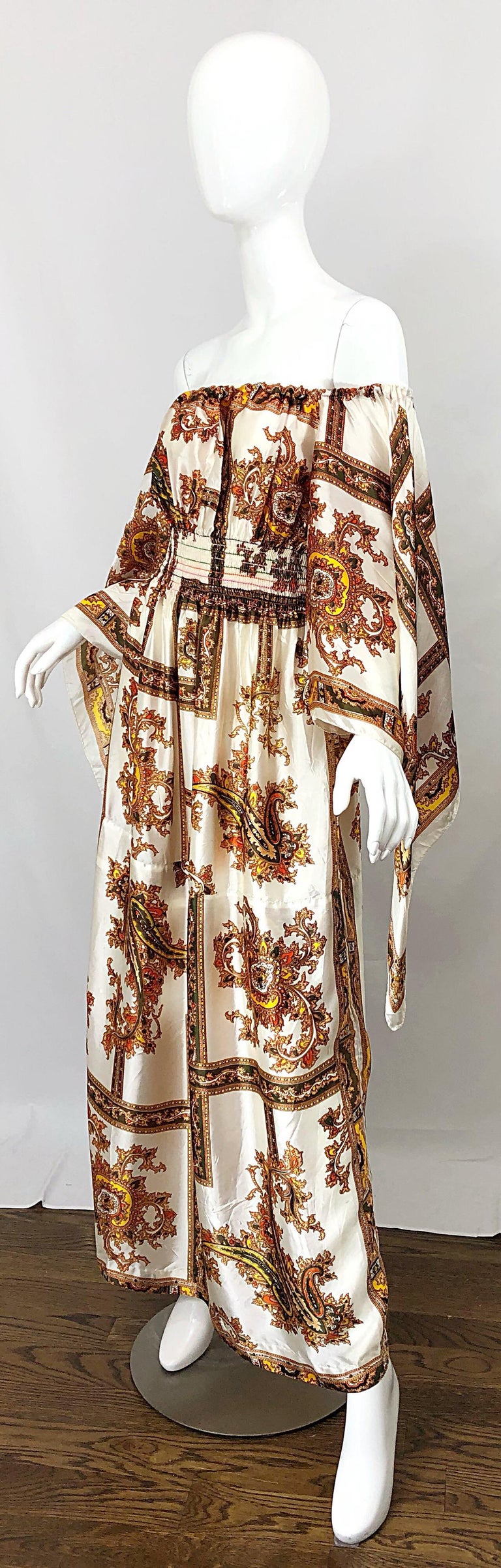 1970s David Edden Off Shoulder Boho Paisley Print Handkerchief Sleeve ...