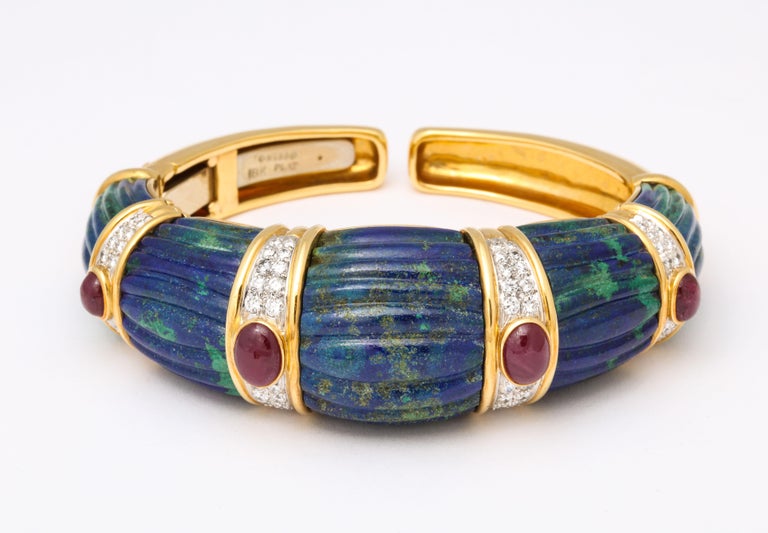 1970s David Webb Gold Diamond Ruby Carved Azurite Malachite Bracelet ...