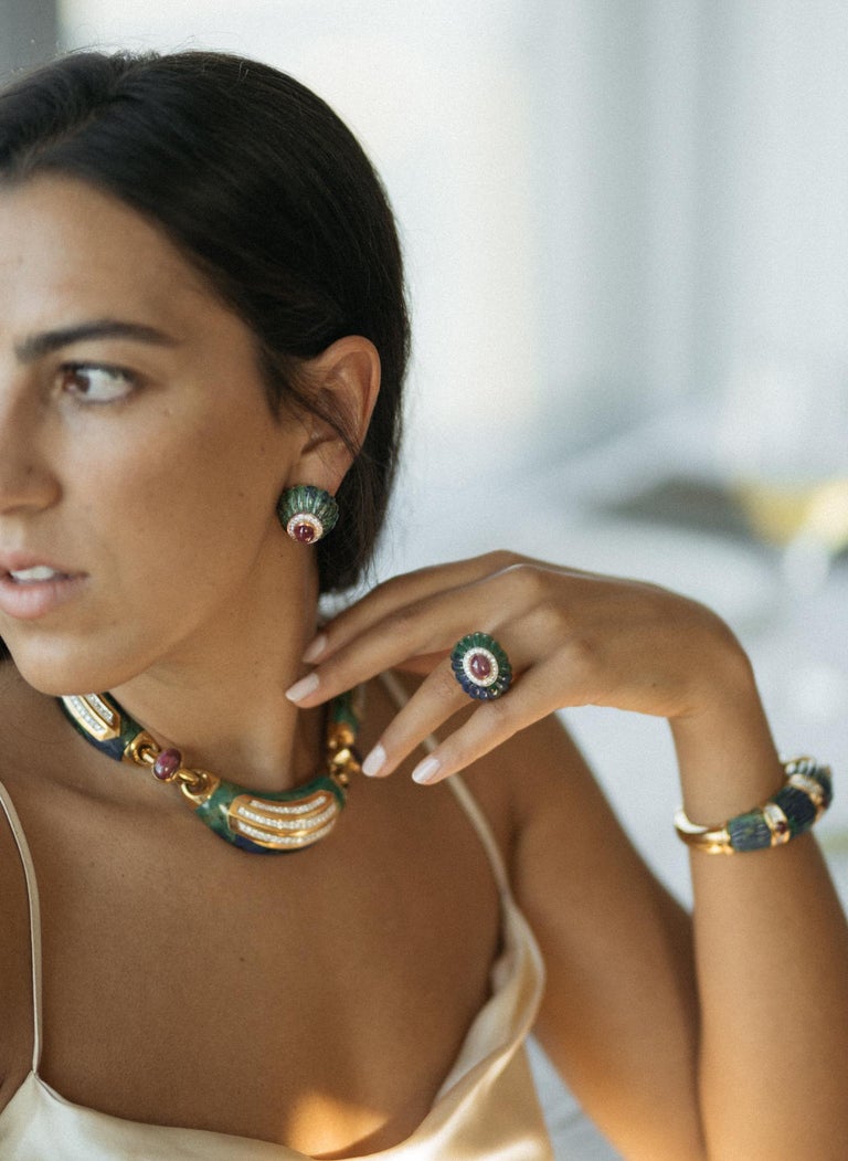 1970s David Webb Gold Diamond Ruby Carved Azurite Malachite Ring For ...