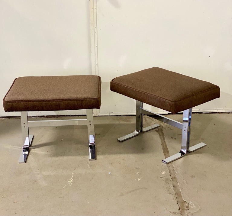 1970s Design Institute of America Chrome and Brown Mohair Ottomans, a ...