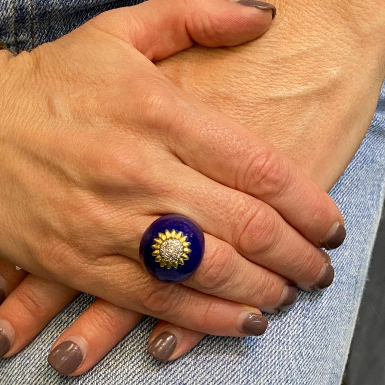 1970s Diamond Blue Enamel 18 Karat Yellow Gold Vintage Dome Ring For ...