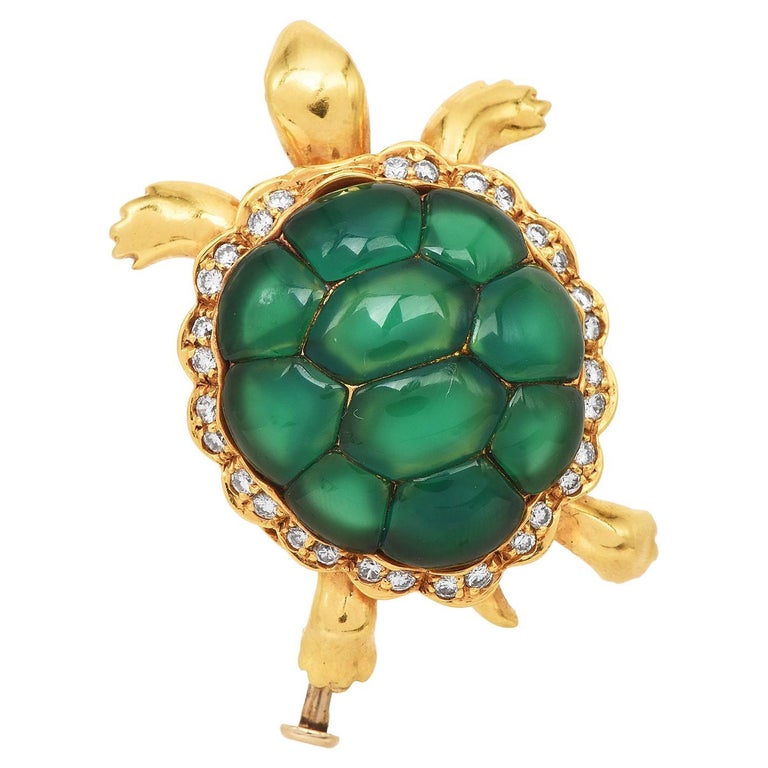 1970's Diamond Chalcedony 18K Yellow Gold Turtle Brooch Pin For Sale at ...