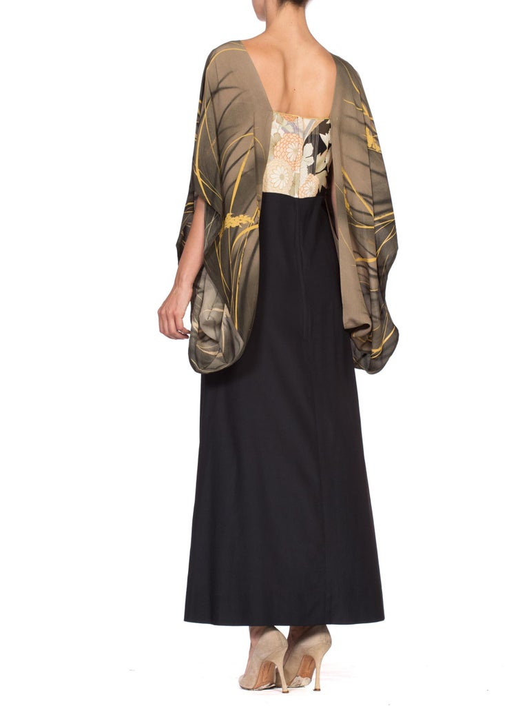 1970'S Black Polyester Dress With Hand Painted Japanese Kimono Sleeves ...