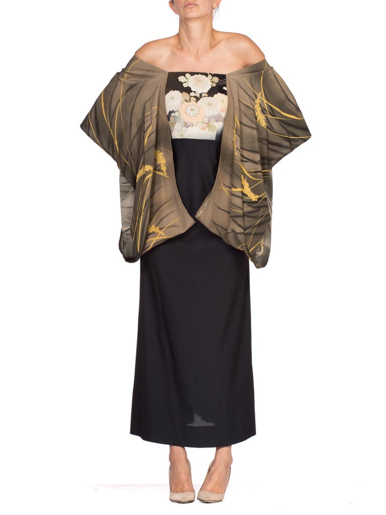 1970'S Black Polyester Dress With Hand Painted Japanese Kimono Sleeves ...