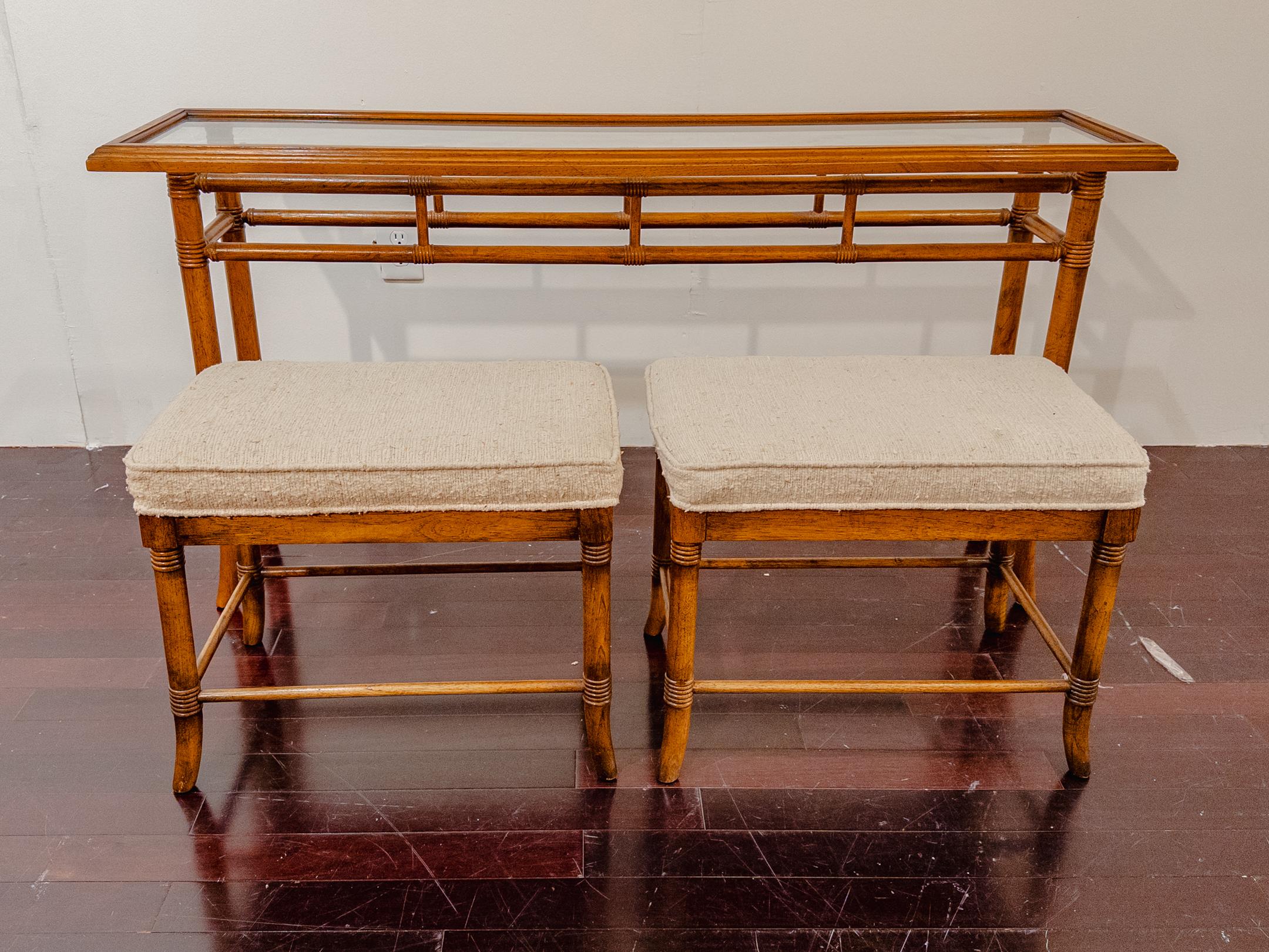 1970's Drexel Faux Bamboo Console Table with Matching Ottomans For Sale ...