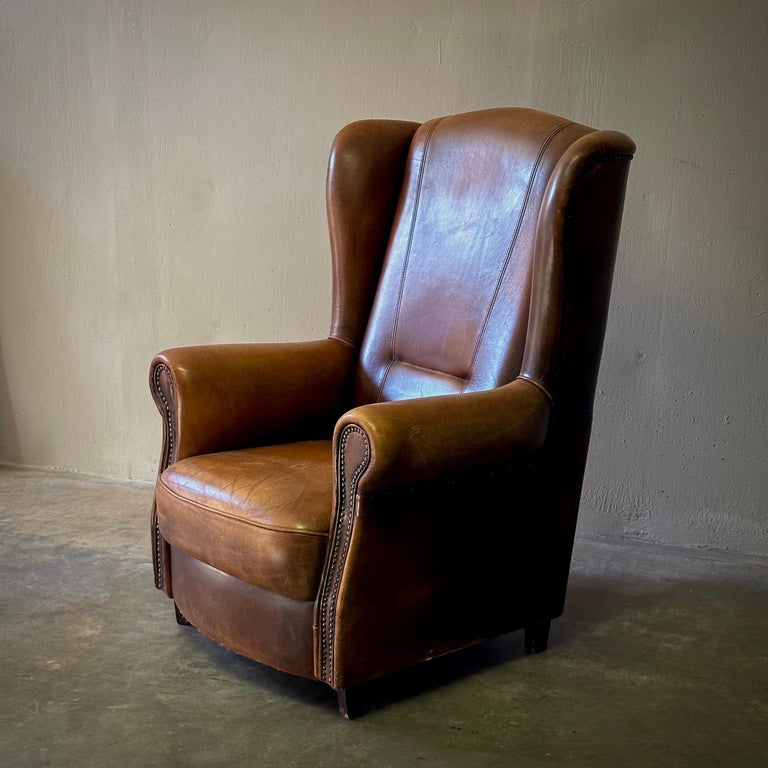 1970s Dutch High Back Leather Armchair For Sale at 1stDibs
