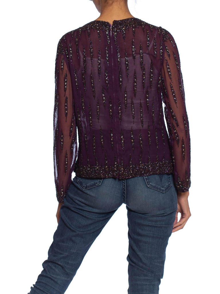 1970s Eggplant Purple Polyester Chiffon Long Sleeve Blouse Beaded With