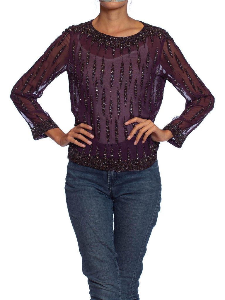 1970s Eggplant Purple Polyester Chiffon Long Sleeve Blouse Beaded With