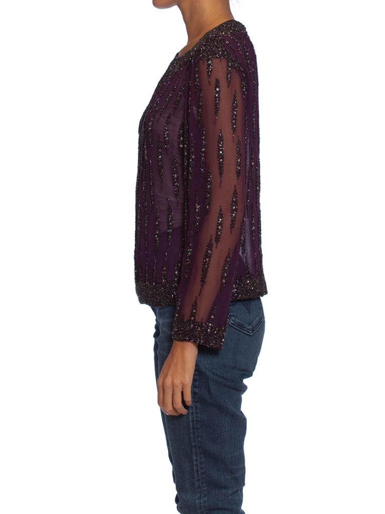 1970s Eggplant Purple Polyester Chiffon Long Sleeve Blouse Beaded With