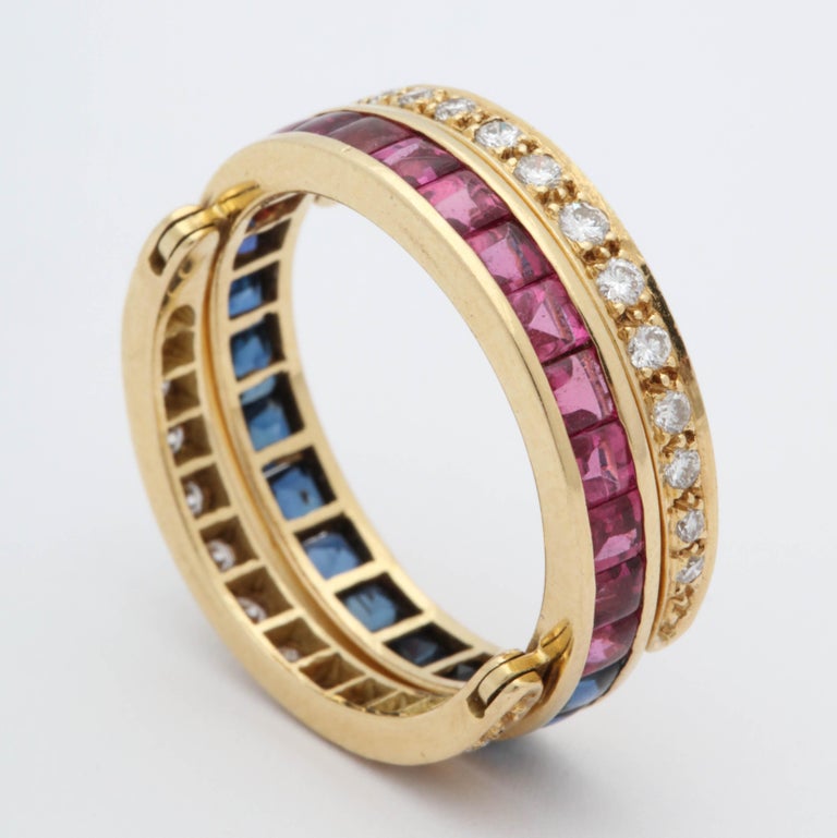 1970s English Buff Cut Rubies, Sapphires and Diamonds Gold Flip Ring at ...