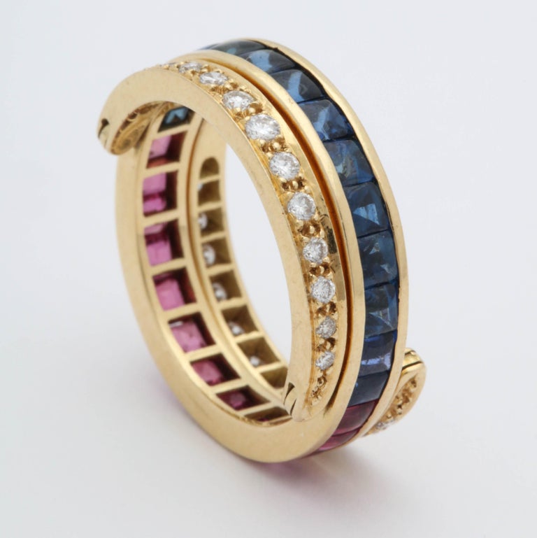 1970s English Buff Cut Rubies, Sapphires and Diamonds Gold Flip Ring at ...