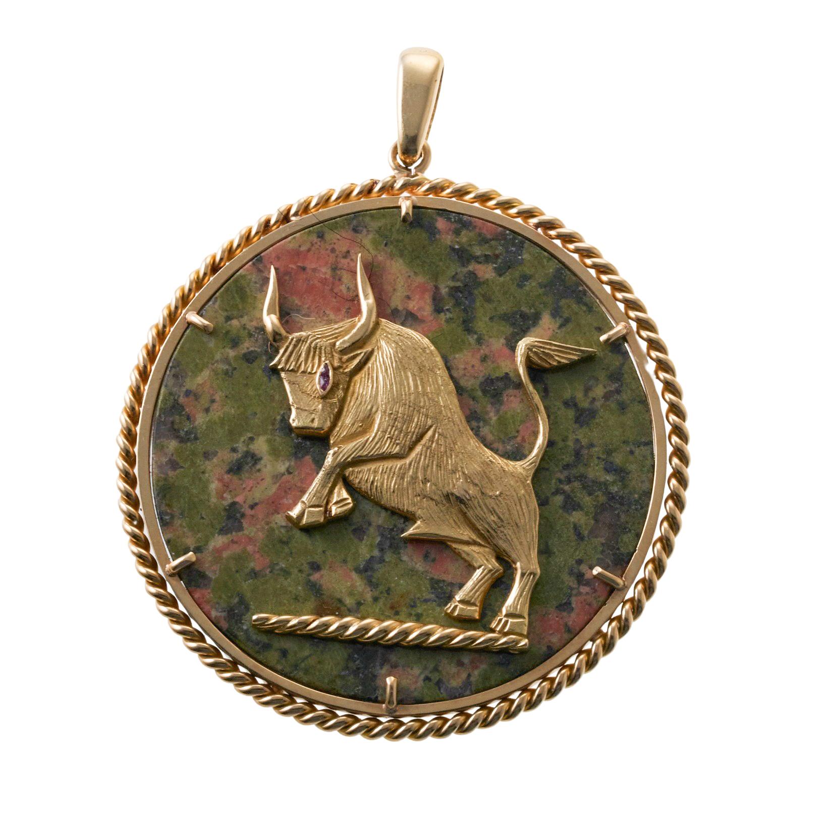 1970s Exotic Inlay Gemstone Ruby Gold Taurus Zodiac Sign Bull Pendant ...