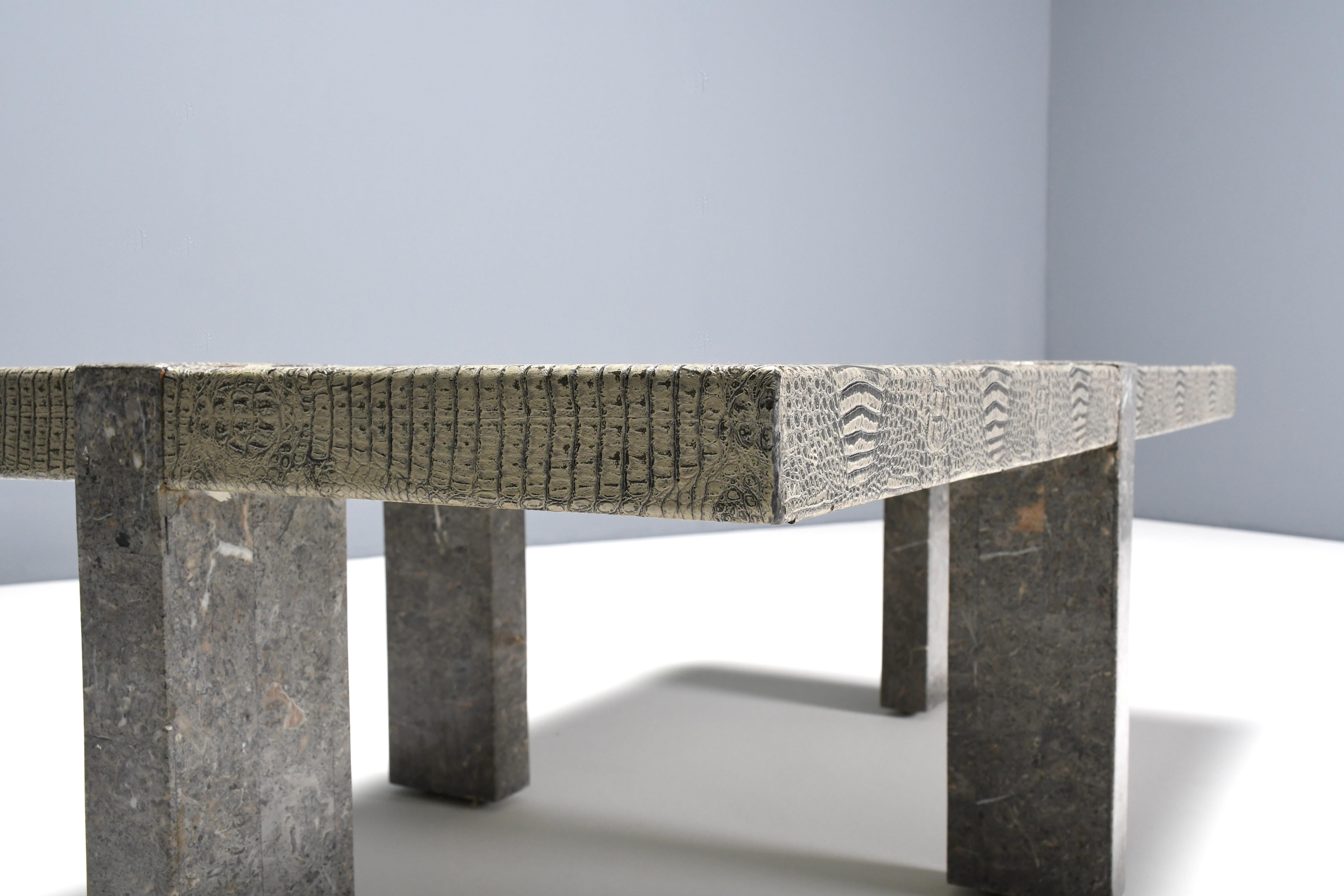 1970s Faux Crocodile Skin and Marble Coffee Table For Sale at 1stDibs