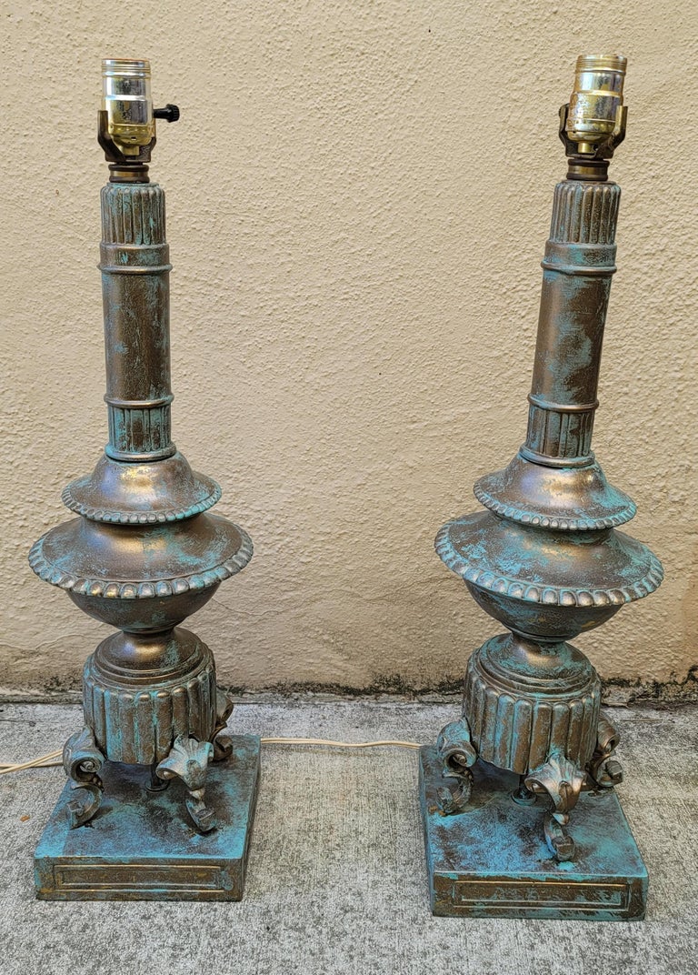 1970s Faux Verdigris Finish Brass Urn Lamps - a Pair For Sale at 1stDibs