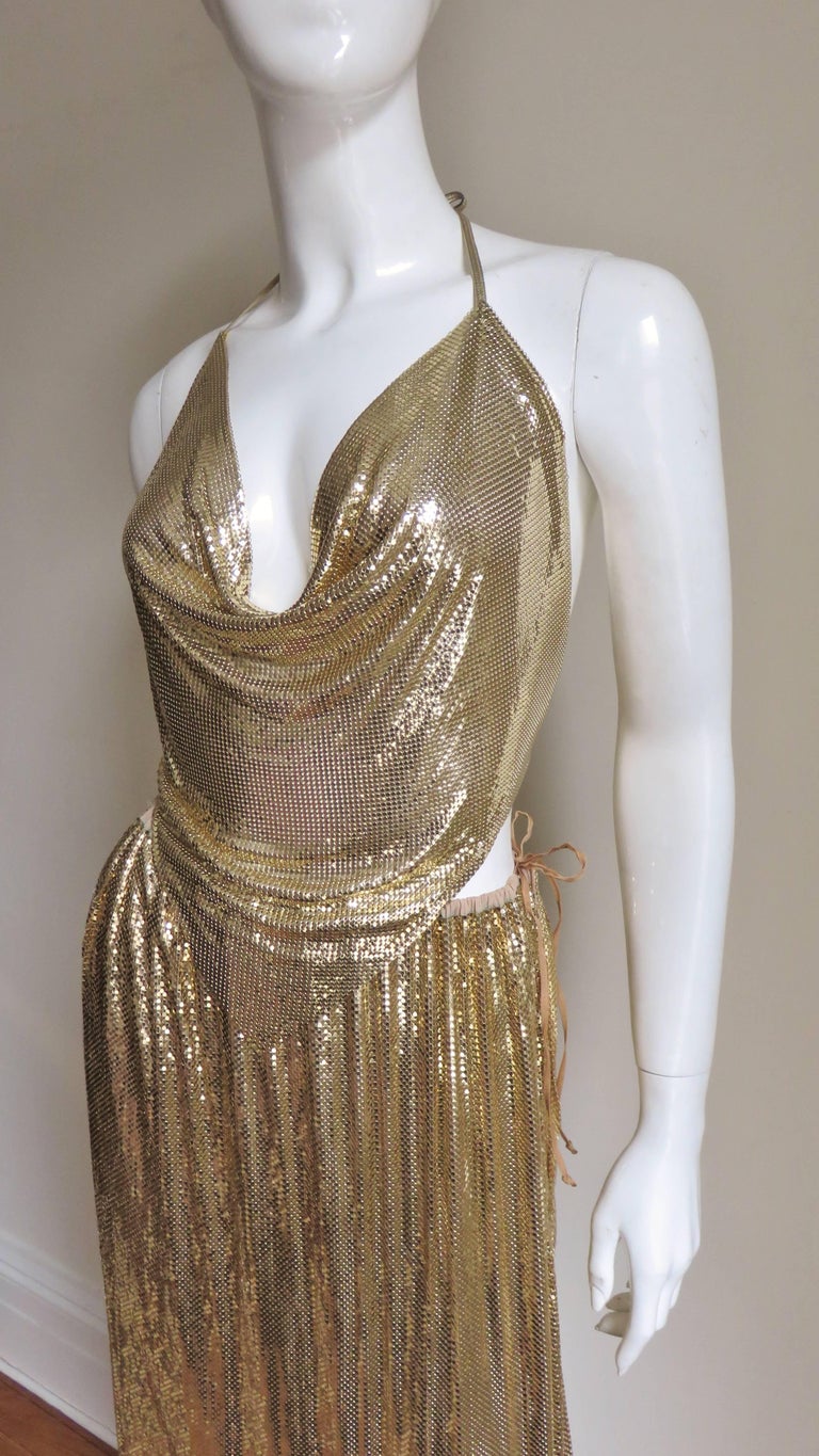 1970s Ferrara Gold Metal Mesh Chainmail 3 Piece Top, Skirt, and Halter ...