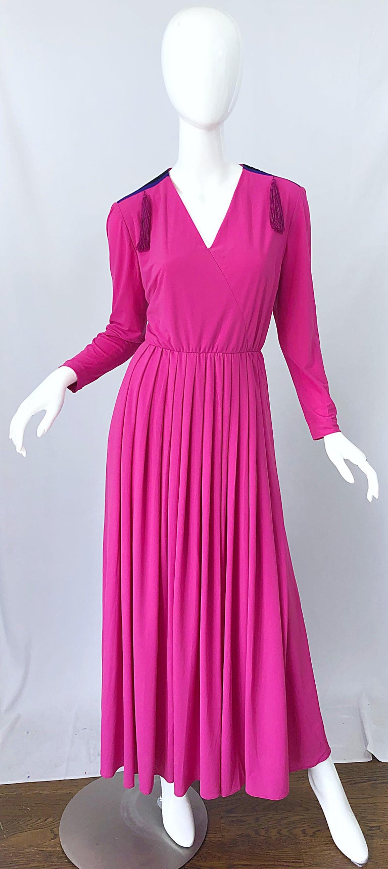 1970s Fink Modell Hot Pink Tassel Rayon Jersey Vintage 70s Maxi Dress ...