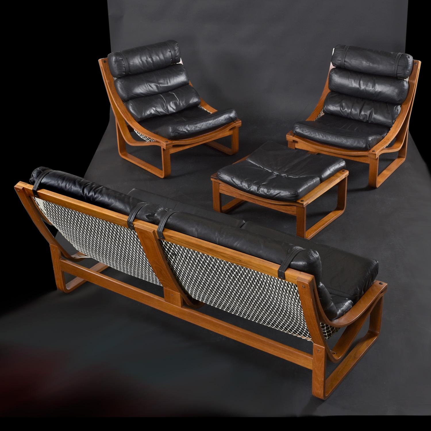 1970's Fred Lowen For Tessa Black Leather and Teak T4 Living Room Group ...