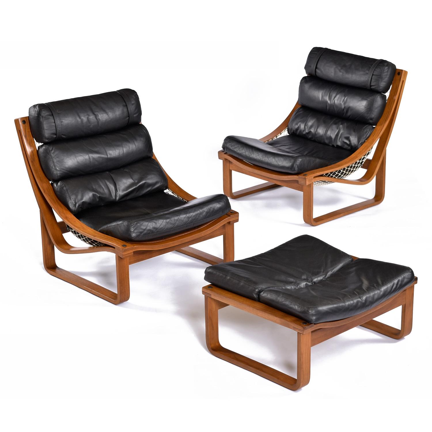 1970's Fred Lowen For Tessa Black Leather and Teak T4 Lounge Chairs and ...