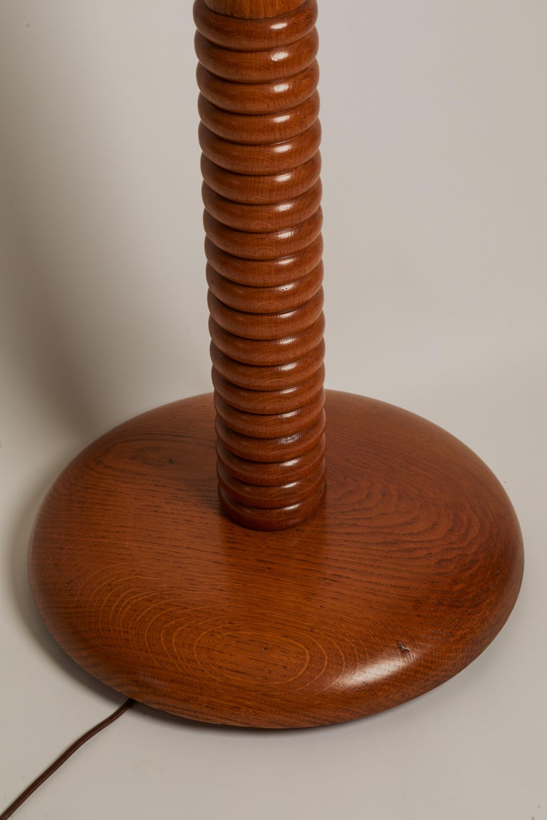 1970s French Carved Oak Floor Lamp with Custom Shade For Sale at 1stDibs