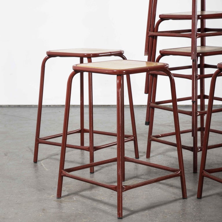 1970's French Dark Red Laboratory Stools, Set of Eight For Sale at 1stDibs