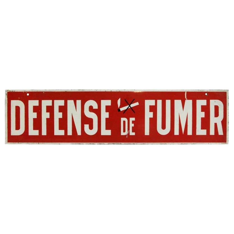 1970s French Red and White "Defense de Fumer" or "No Smoking" Sign For ...