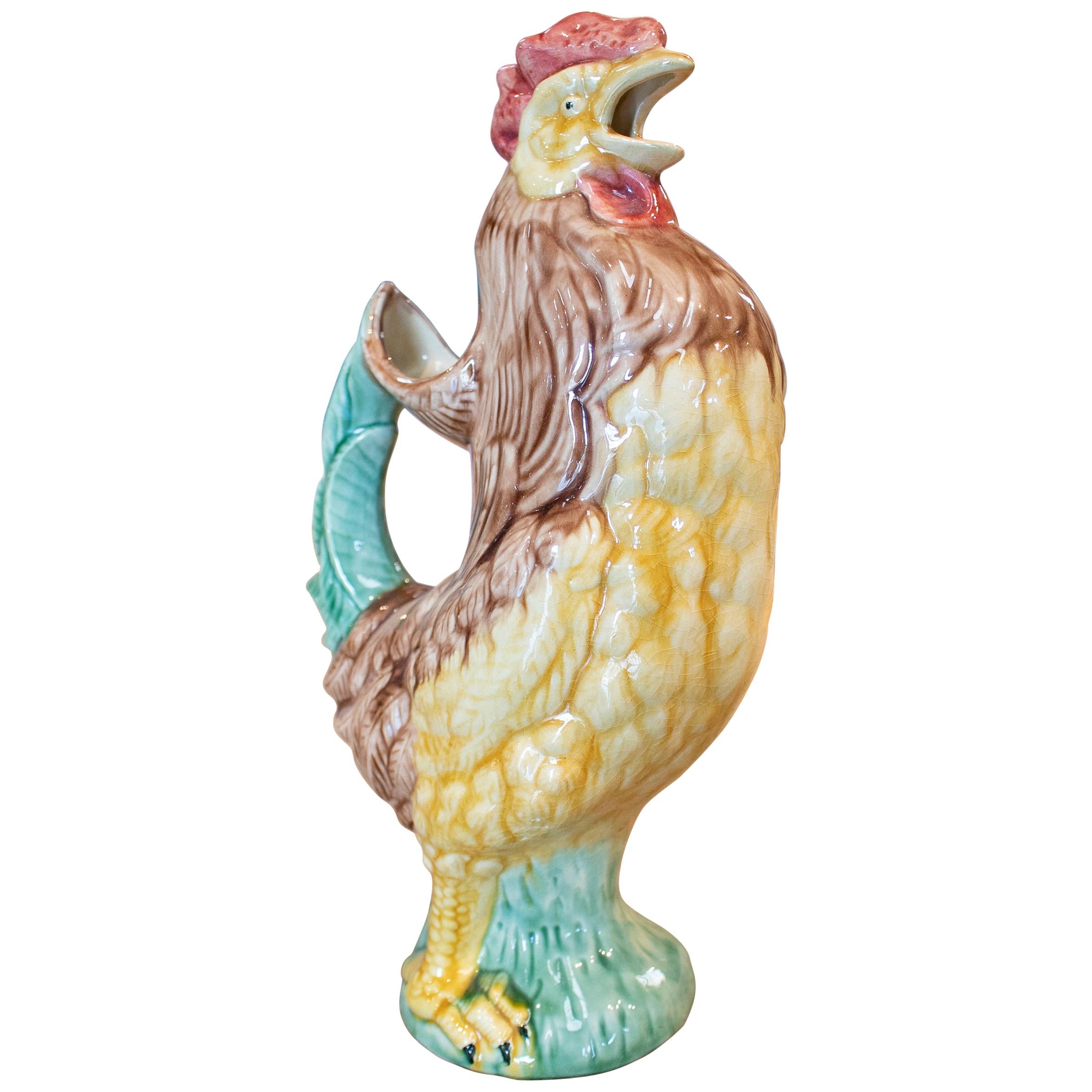 1970s French Rooster Figure Hand Painted "Botijo" Earthenware Water Jug ...