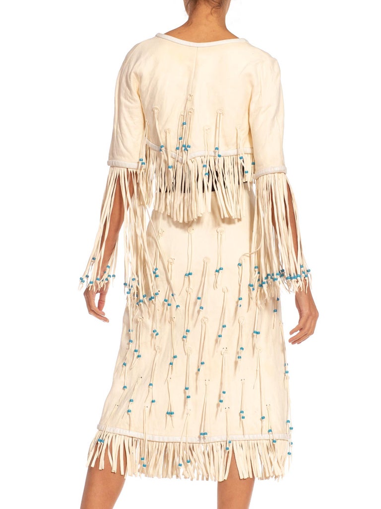1970S GEORGIO SANT'angelo White and Blue Leather Suede Beaded Fringe ...
