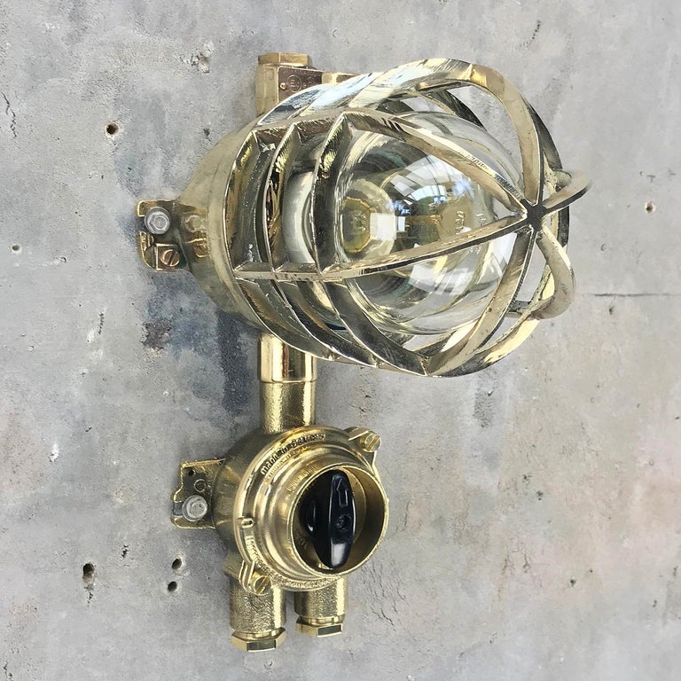 1970s German Explosion Proof Wall Light Cast Brass, Glass Shade and ...