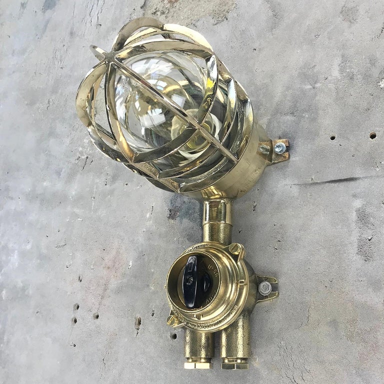 1970s German Explosion Proof Wall Light Cast Brass, Glass Shade and ...