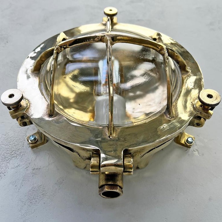 1970's German Vintage Industrial Circular Brass and Glass Bulkhead by ...
