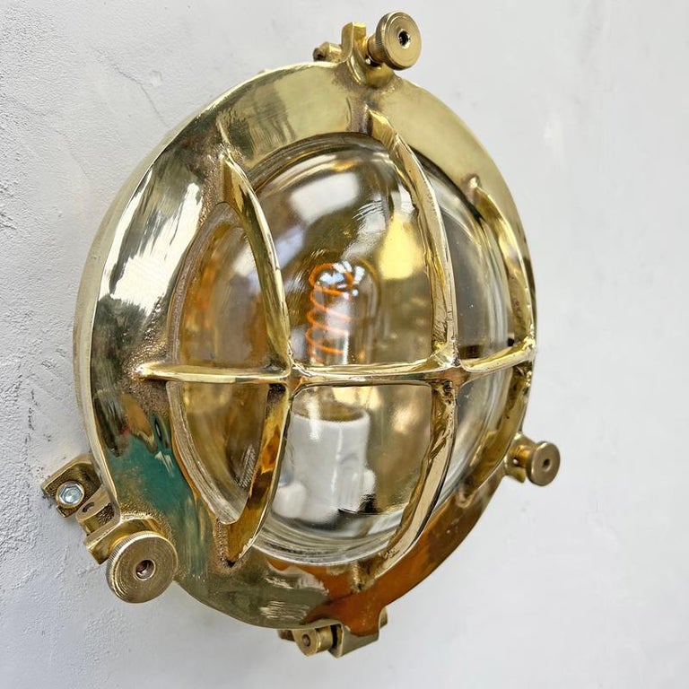 1970's German Vintage Industrial Circular Brass and Glass Bulkhead by ...