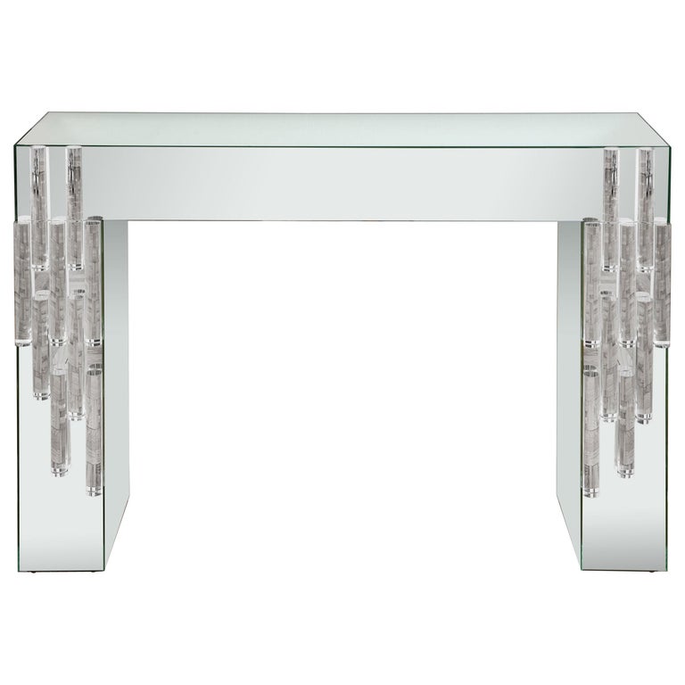 1970s Glam Skyscraper Mirrored and Lucite Console at 1stDibs
